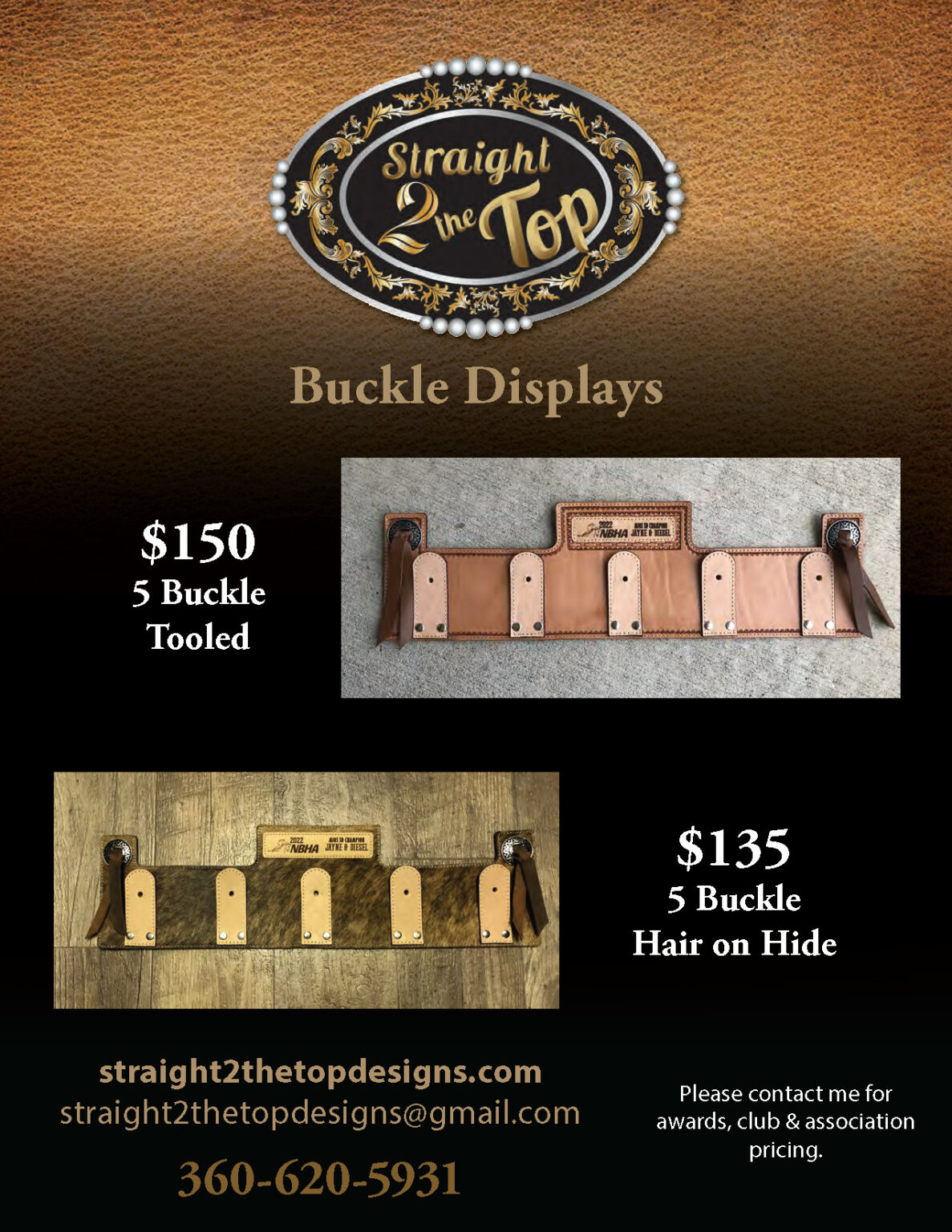 Custom Engraved Trophy Buckle Displays - Straight 2 The Top Designs